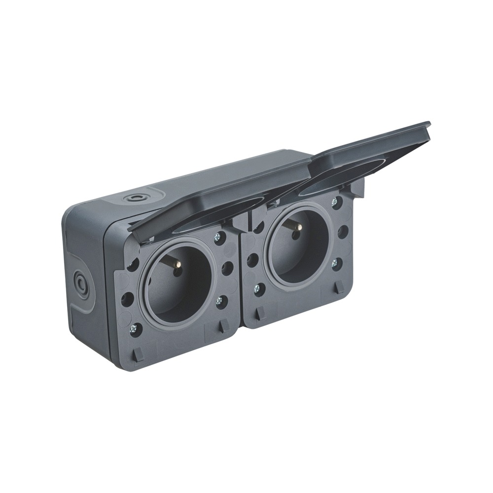 Double Prise 2 pôles+terre étanche IP55 horizontale anthracite Cyklone ...